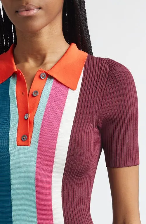 Christopher John Rogers Colorblocked Stripe Rib Polo Sweater Dress