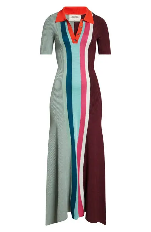 Christopher John Rogers Colorblocked Stripe Rib Polo Sweater Dress