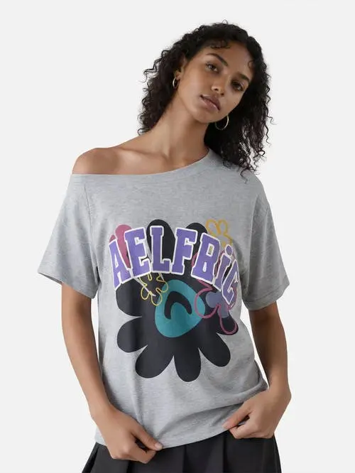 AELFRIC EDEN Flower Off-the-shoulder Tee - Grey
