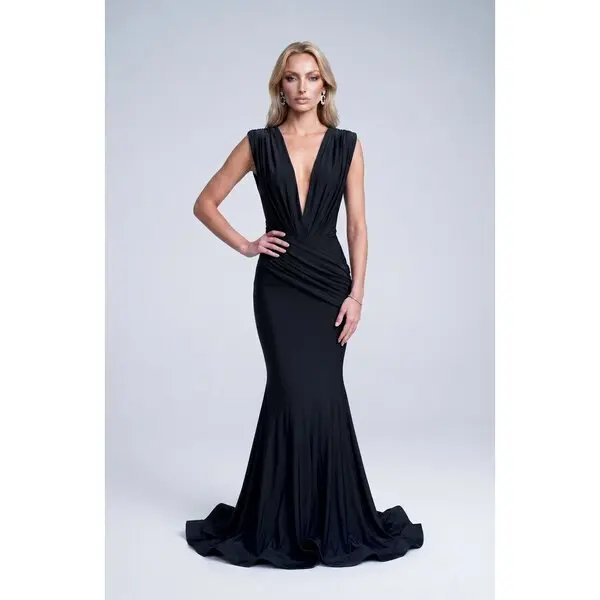 JESSICA ANGEL Ruched Plunge Pleated Sleeveless Mermaid Gown - Black
