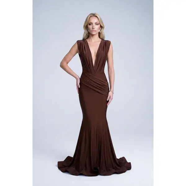 JESSICA ANGEL Ruched Plunge Pleated Sleeveless Mermaid Gown - Brown