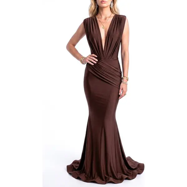 JESSICA ANGEL Sleeveless Plunge Mermaid Gown With Ruched Detailing - Brown