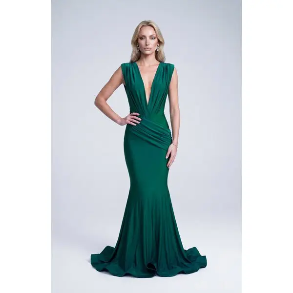 JESSICA ANGEL Ruched Plunge Pleated Sleeveless Mermaid Gown - Forest Green