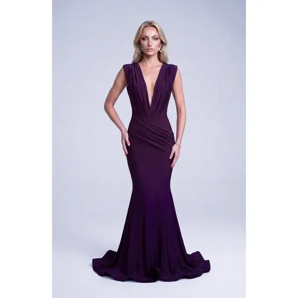 JESSICA ANGEL Ruched Plunge Pleated Sleeveless Mermaid Gown - Grape