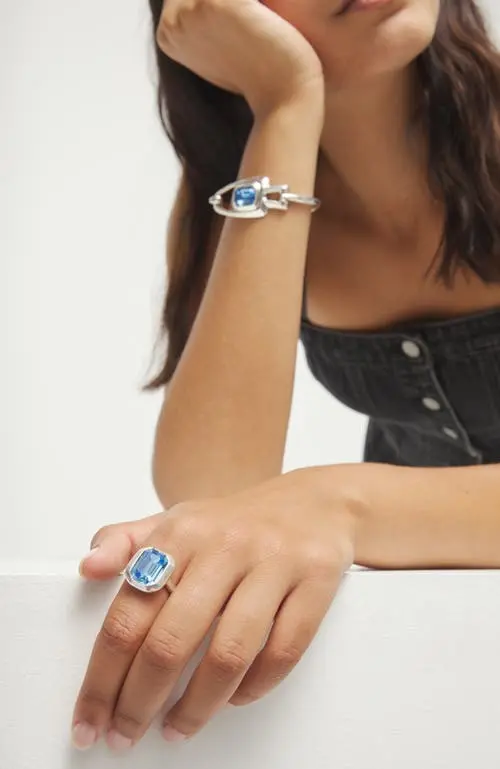UNODE50 Emerald-cut Blue Crystal Sterling Plated Ring