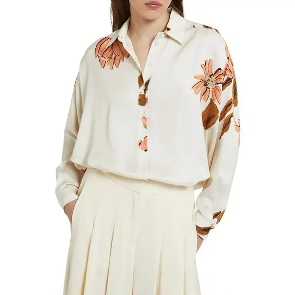 OTTOD'AME Viscose Twill Floral Print Shirt - Ecru