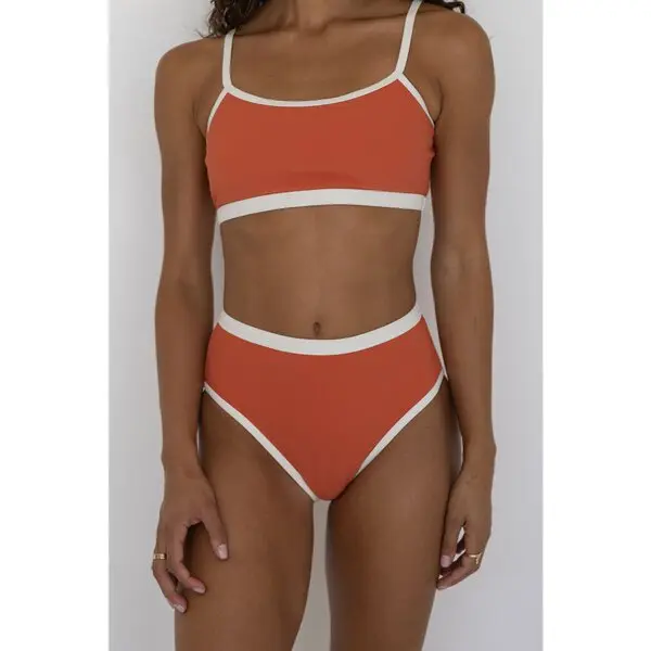 Geode Swimwear High Waisted Bikini Bottoms With Textured Ribbed Fabric - Coral