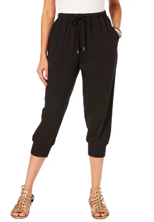 ROAMAN'S Soft Knit Capri Pants With Drawstring Waist - Black