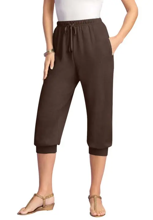 Roaman's Soft Knit Capri Pants With Drawstring Waist - Chocolate