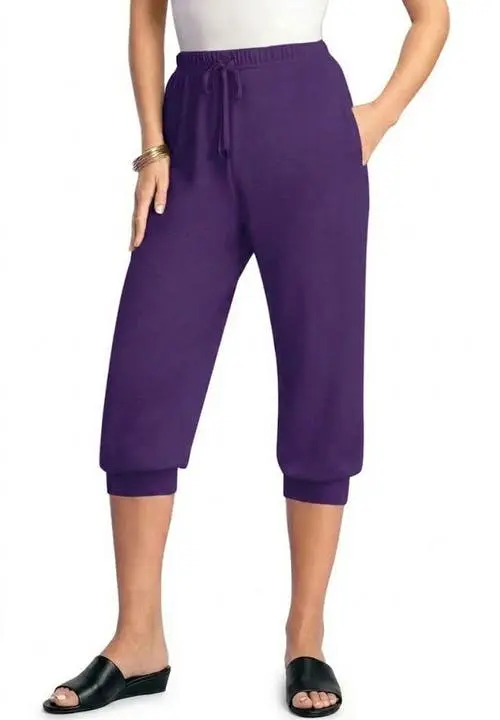 Roaman's Soft Knit Capri Pants With Drawstring Waist - Midnight Violet