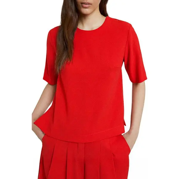 OTTOD'AME Solid Crewneck Short Sleeve Blouse With Keyhole Detail - Red
