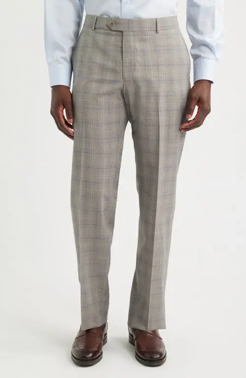 Berle Light Grey Plaid Flat Front Wool Dress Pants - Sand