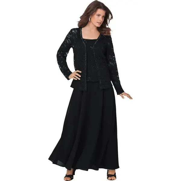 Roaman's Two-piece Embellished Lace Jacket And Gown - Black