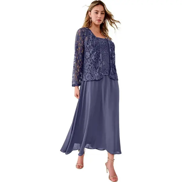 ROAMAN'S Embellished Lace Jacket And Gown Set - Deep Dusk