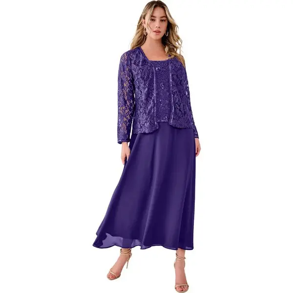Roaman's Two-piece Embellished Lace Jacket And Gown - Midnight Violet