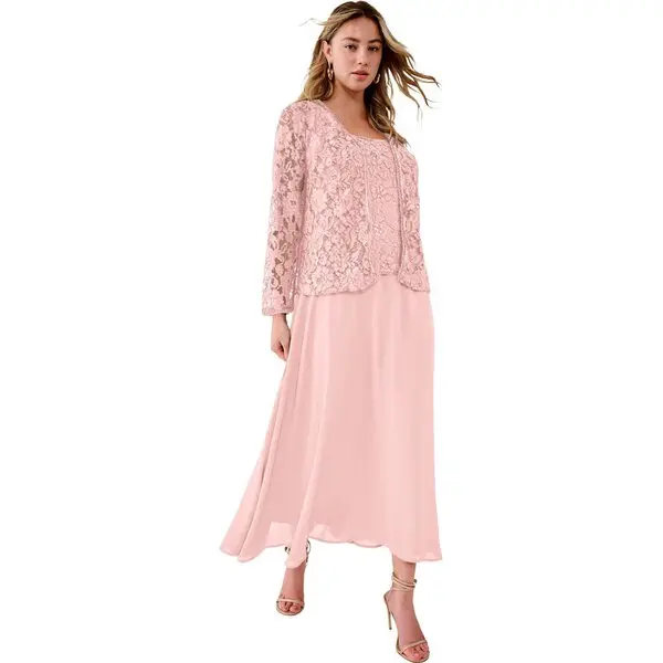 ROAMAN'S Embellished Lace Jacket And Gown Set - Soft Blush