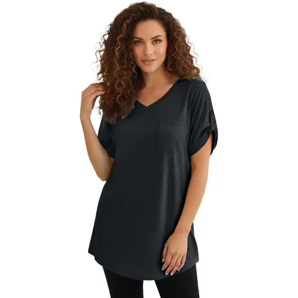 ROAMAN'S Slub V-neck Boyfriend Tunic Top - Black