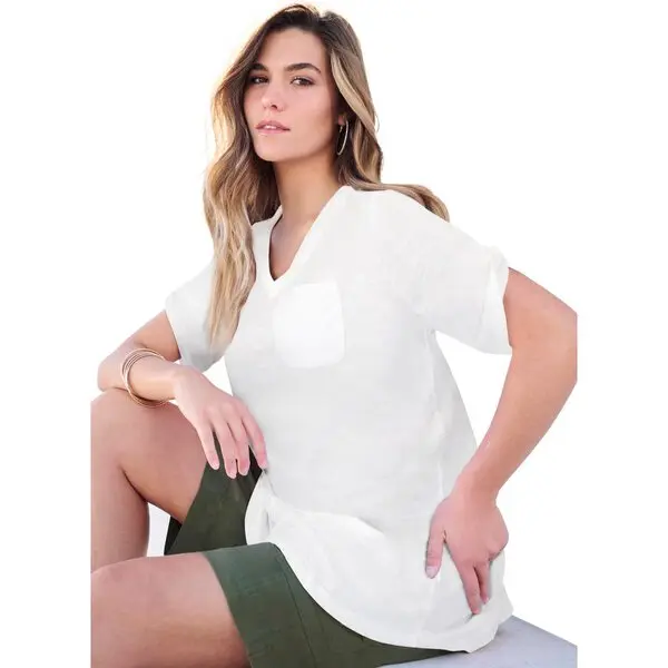 ROAMAN'S Slub V-neck Boyfriend Tunic Top - White