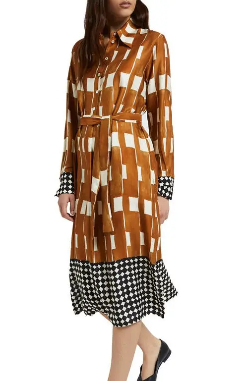 OTTOD'AME Viscose Midi Shirt Dress With Geometric Print And Sash - Brown