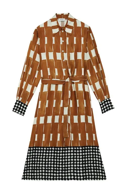 OTTOD'AME Viscose Midi Shirt Dress With Geometric Print And Sash