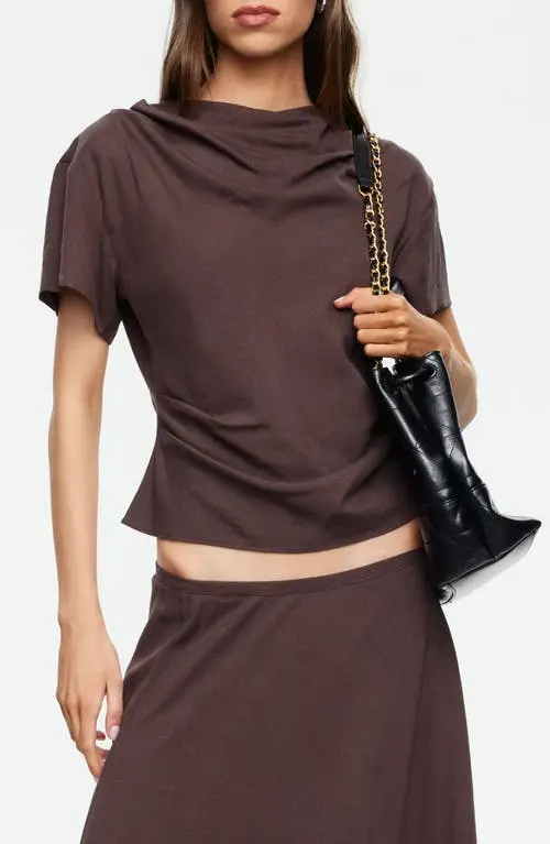 Lioness Halcyon Cowl Neck Crop Linen Blend Top - Brown