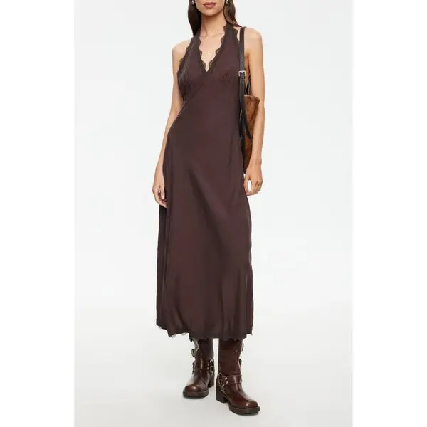 Lioness Stars Align Lace Trim Linen Blend Halter Midi Dress - Brown