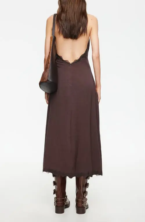 Lioness Stars Align Lace Trim Linen Blend Halter Midi Dress - Brown