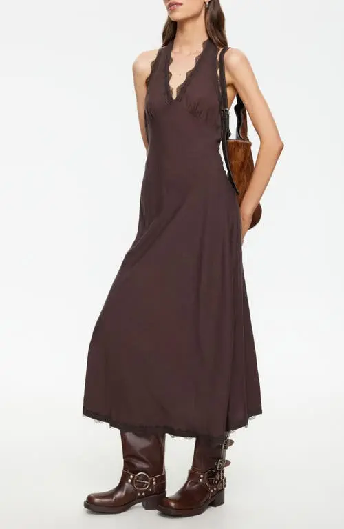Lioness Stars Align Lace Trim Linen Blend Halter Midi Dress - Brown