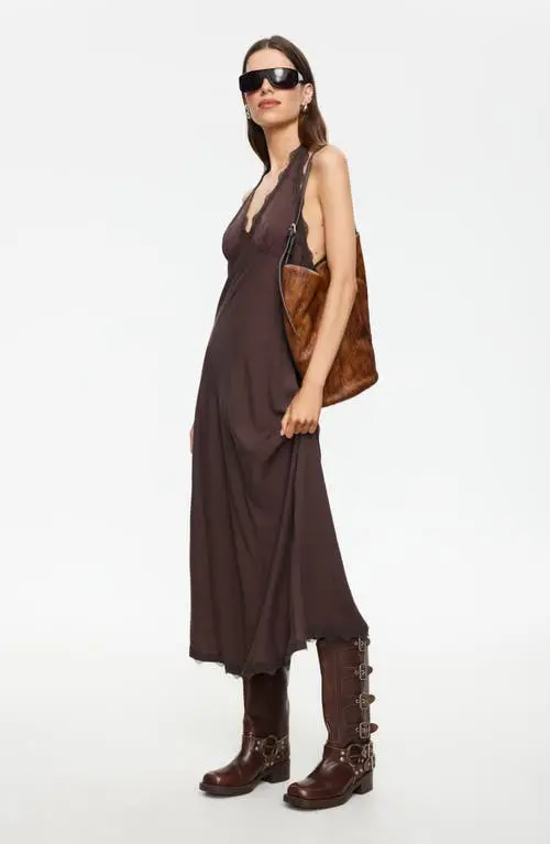 Lioness Stars Align Lace Trim Linen Blend Halter Midi Dress - Brown
