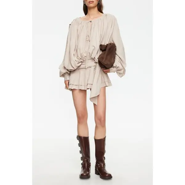 Lioness Elements Pleated Long Sleeve Minidress - Beige