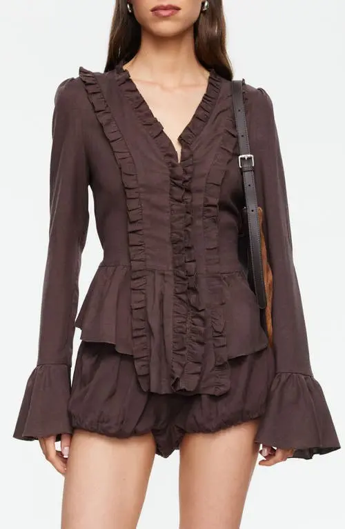 Lioness Odette Ruffle Bell Sleeve Tie Back Linen Blend Top - Brown