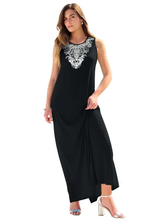 ROAMAN'S Sleeveless Crewneck Maxi Dress - Black Silver Scroll