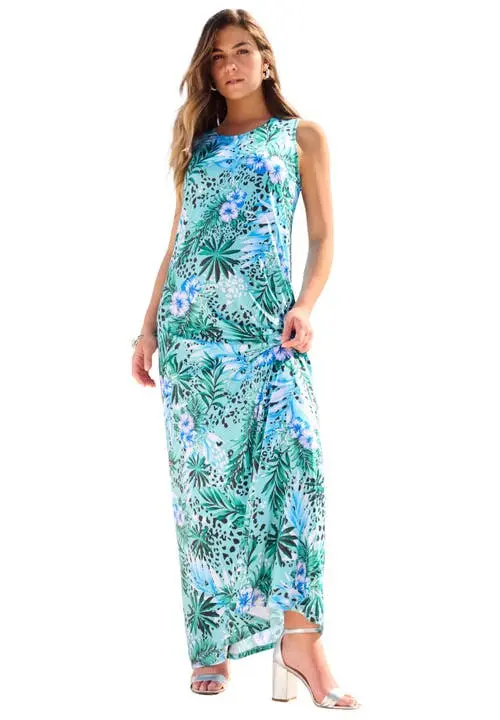 ROAMAN'S Sleeveless Crewneck Maxi Dress - Turq Tropical Leopard