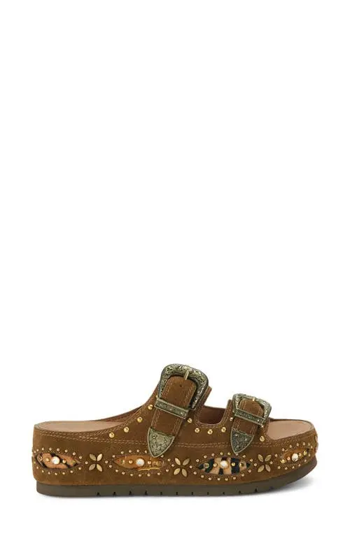 Kurt Geiger Western Buckle Leather Flatform Slide Sandal - Brown