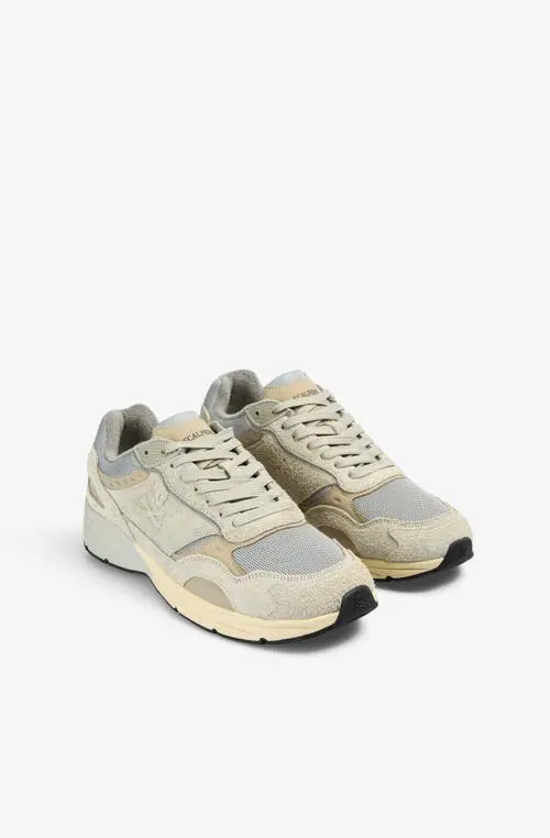 SCALPERS Suede And Mesh Paneled Sneakers With Rubber Sole - Grey