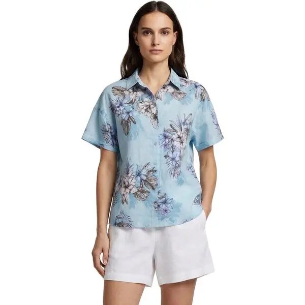LORDS OF HARLECH Exotic Floral Linen Printed Shirt - Exotic Floral Teal