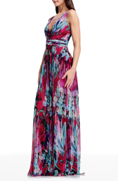 Dress The Population Taylor Metallic Floral Plissé Gown - Bright Fuchsia Multi