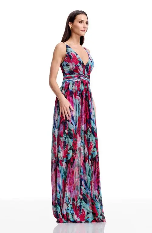 Dress The Population Taylor Metallic Floral Plissé Gown - Bright Fuchsia Multi