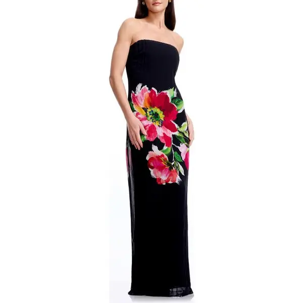 Dress The Population Linda Floral Strapless Gown - Black Multi