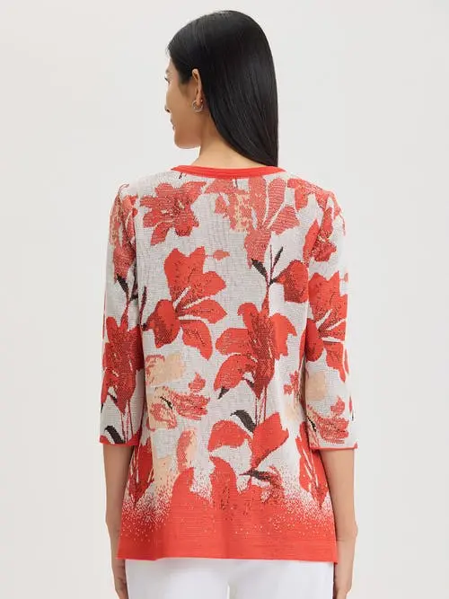Misook Floral Jacquard Flat Knit Jacket - Cherry/peach/ivory