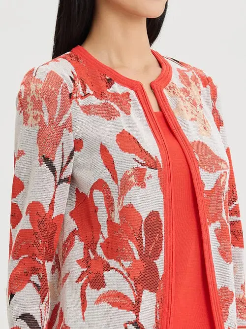 Misook Floral Jacquard Flat Knit Jacket - Cherry/peach/ivory