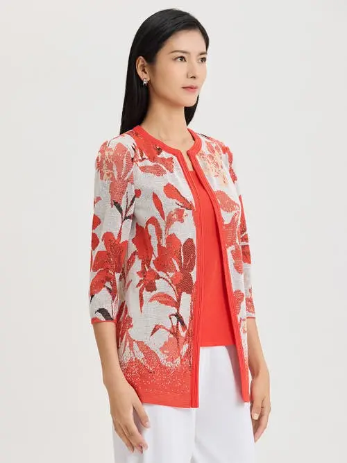 Misook Floral Jacquard Flat Knit Jacket - Cherry/peach/ivory