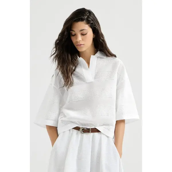 Brunello Cucinelli Broderie Anglaise Cropped Polo Shirt - White
