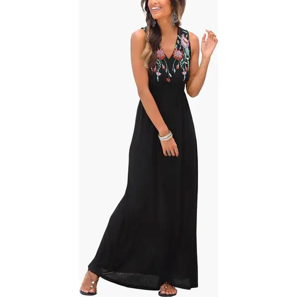 LASCANA V-neck Floral Print Maxi Dress - Black