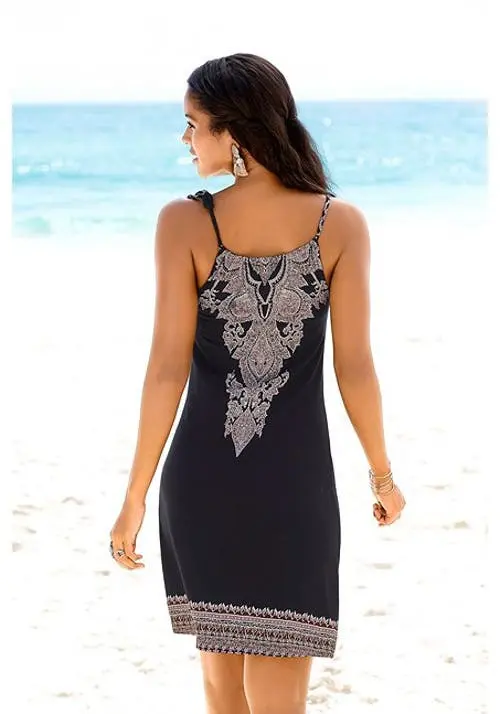 LASCANA Printed Keyhole Strap Detail Dress - Black Printed