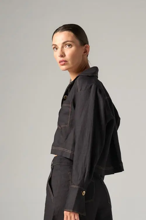 JBQ Caleb Cropped Linen Shirt With Contrast Stitching