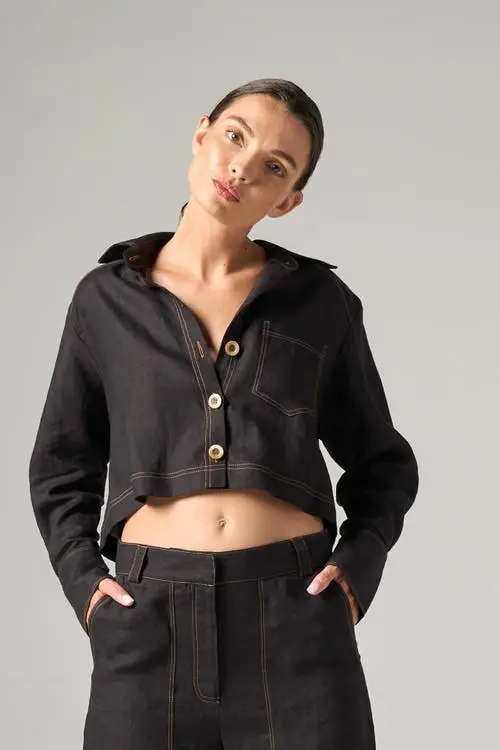 JBQ Caleb Cropped Linen Shirt With Contrast Stitching - Black