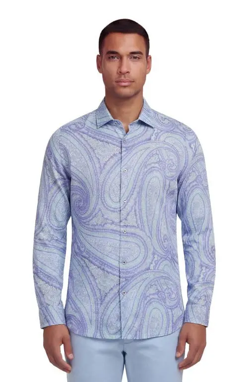 LORDS OF HARLECH Uomo Wild Paisley Oxford Long Sleeve Fine Linen Shirt - Blue