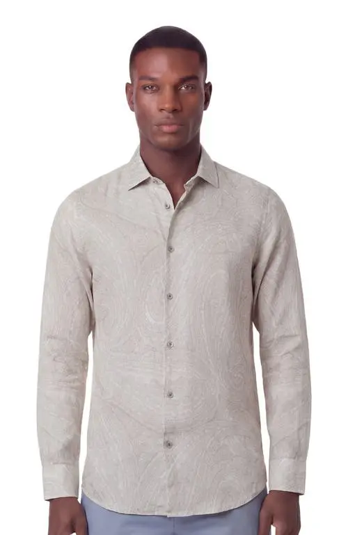 LORDS OF HARLECH Uomo Wild Paisley Oxford Long Sleeve Fine Linen Shirt - Ivory