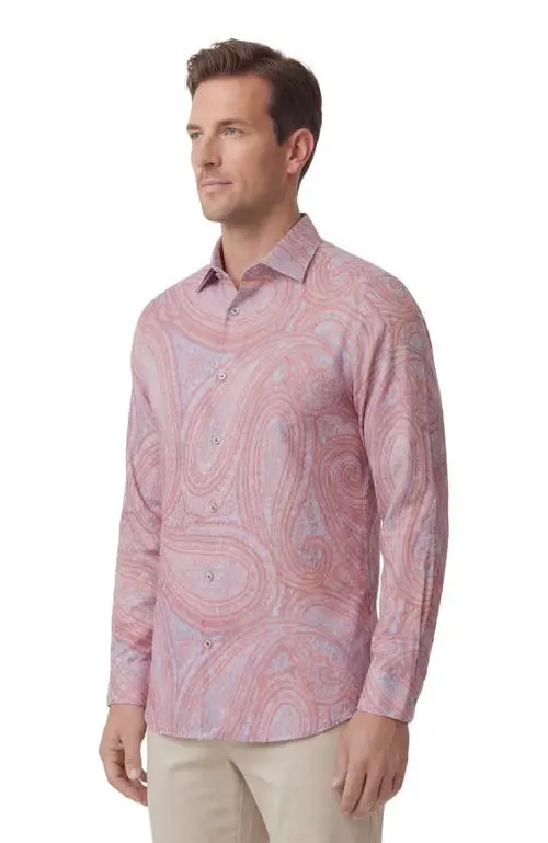 LORDS OF HARLECH Uomo Wild Paisley Oxford Long Sleeve Fine Linen Shirt - Pink